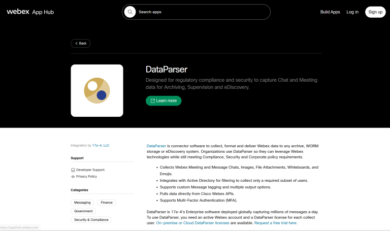 DataParser is now on Cisco’s Webex App Hub - 17a-4 LLC